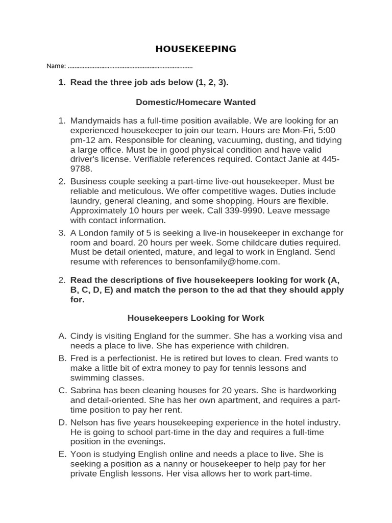 Housekeeping Test | PDF