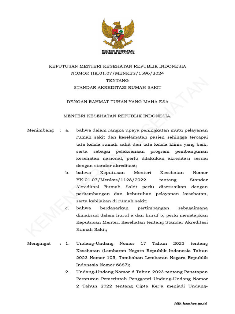 KMK No. HK.01.07-MENKES-1596-2024 TTG Standar Akreditasi Rumah Sakit-Signed | PDF