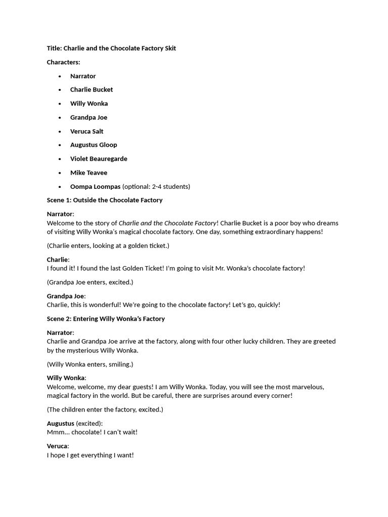 Charlie and Chocolate Factory Complete Skit | PDF