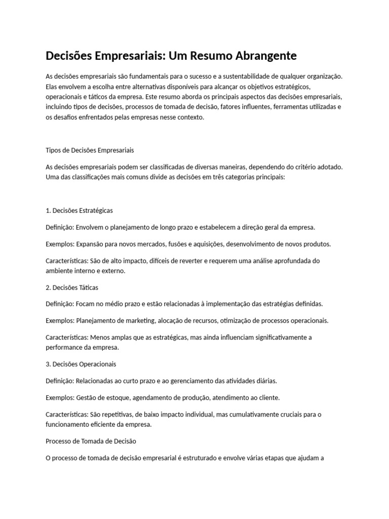 Decisões Empresariais - Um Resumo Abrangente | PDF | Análise SWOT | Economia