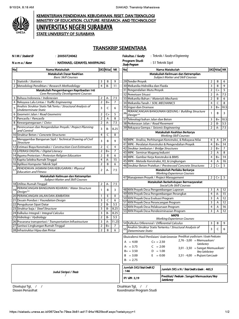 SIAKAD - Transkrip Mahasiswa | PDF