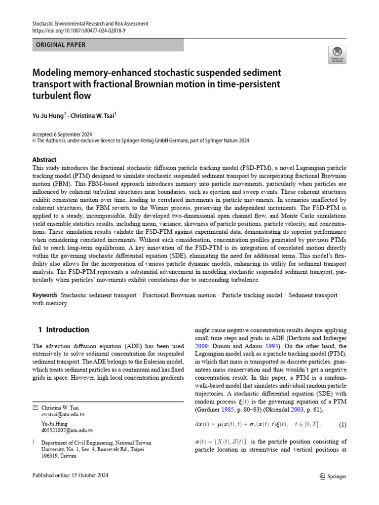 Modeling Memory-Enhanced Stochastic Suspended Sediment Transport With Fractional Brownian Motion ...