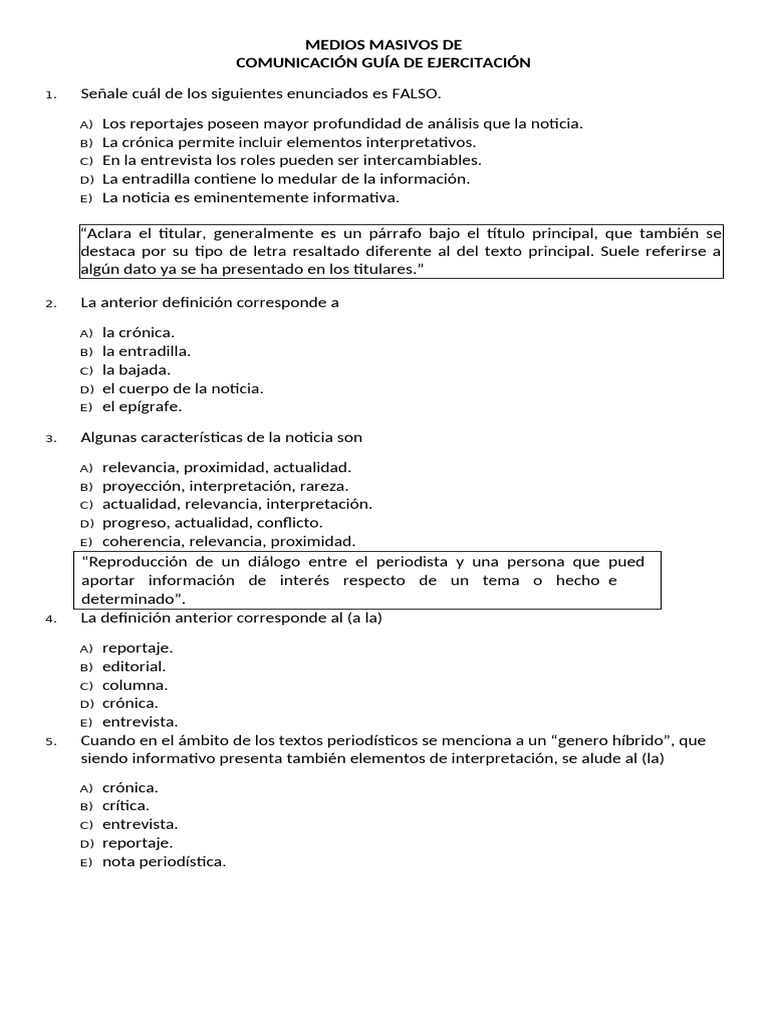 MEDIOS MASIVOS DE COMUNICACIÓN Guía de Ejercitación | PDF | Medios de ...