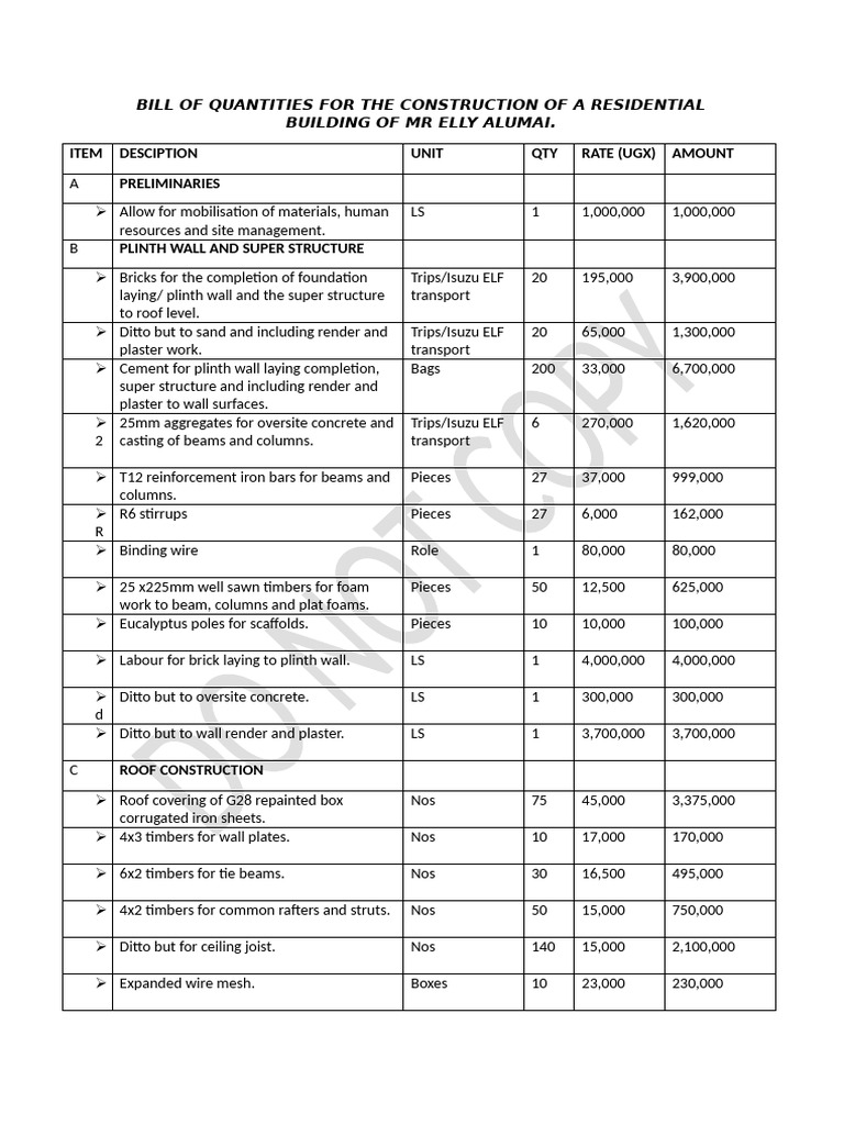 Bill of Quantities for Residential Building | PDF | Concrete | Wall