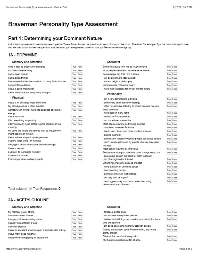 Braverman Personality Type Assessment - Online Test | PDF | Thought | Sleep