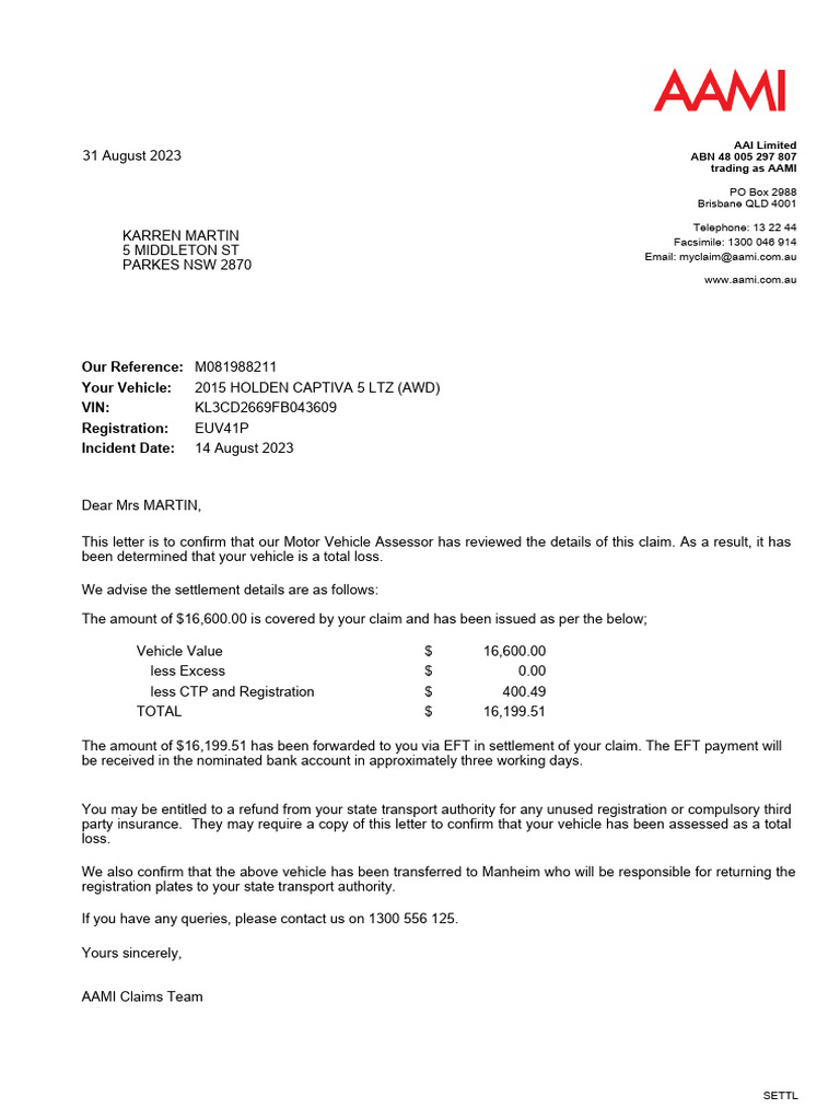 SETTL - Settlement Total Loss | PDF | Land Transport | Road Transport
