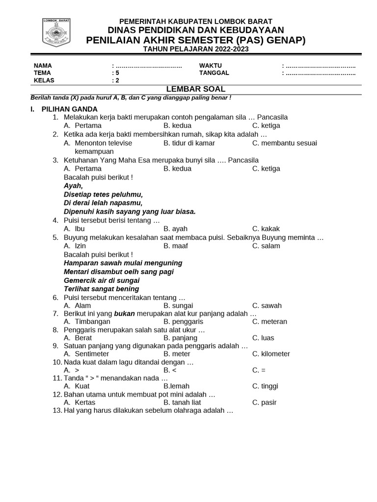 SOAL KELAS 2 Semester Genap | PDF