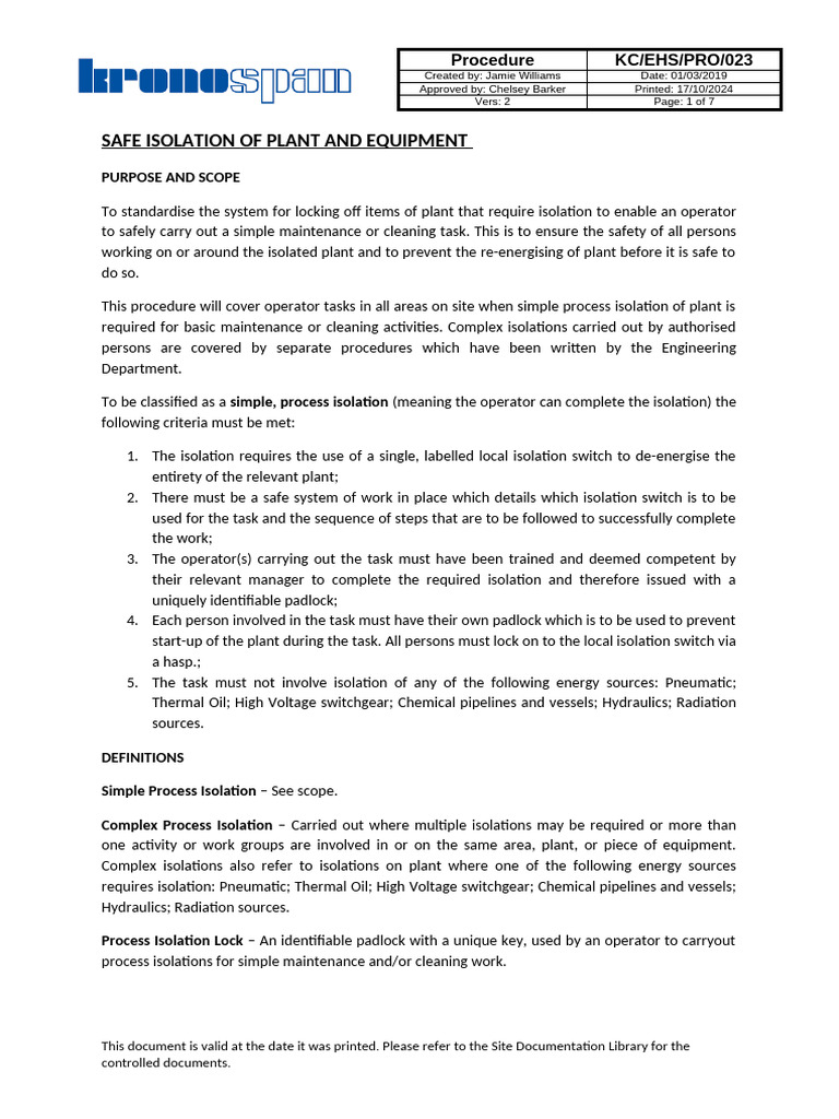 KC - ehs.PRO.023 Safe Isolation of Plant & Equipment | PDF | Risk ...