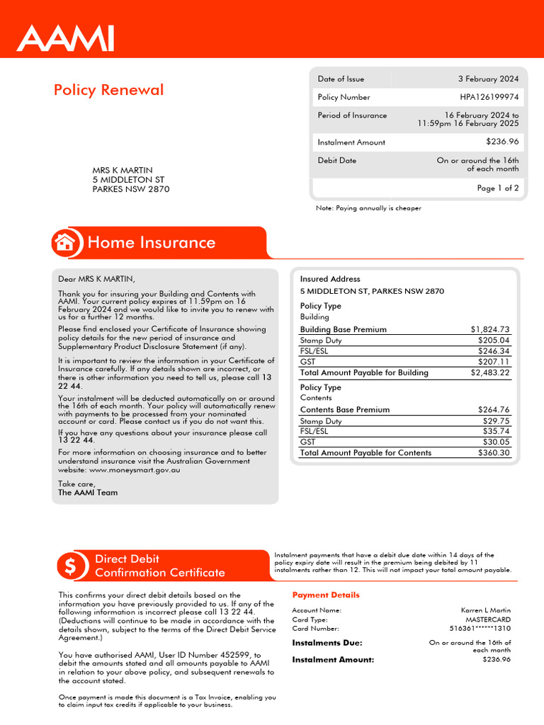 AAMI Home Renewal Account HPA126199974 | PDF | Debit Card | Payments