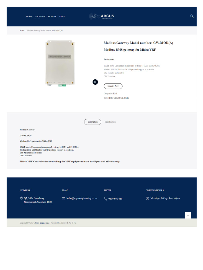 Screencapture Argusengineering Co NZ Products Modbus Gateway Model Number GW Moda 2024 10 16 08 ...