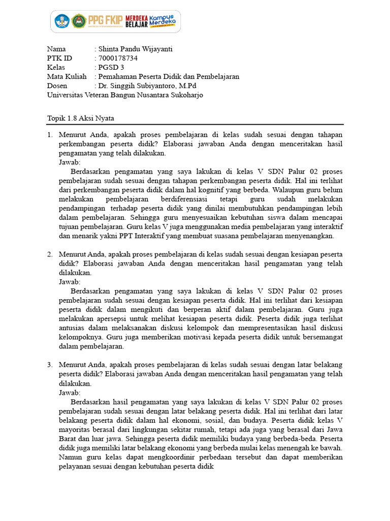 T1.8 Aksi Nyata Pemahaman Peserta Didik Dan Pembelajarannya - Shinta Pandu Wijayanti | PDF