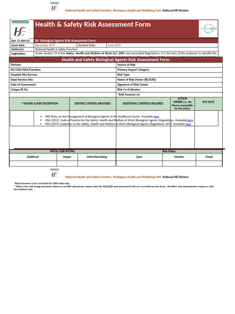 Biological Agents Risk Assessment Form | PDF | Occupational Safety And ...