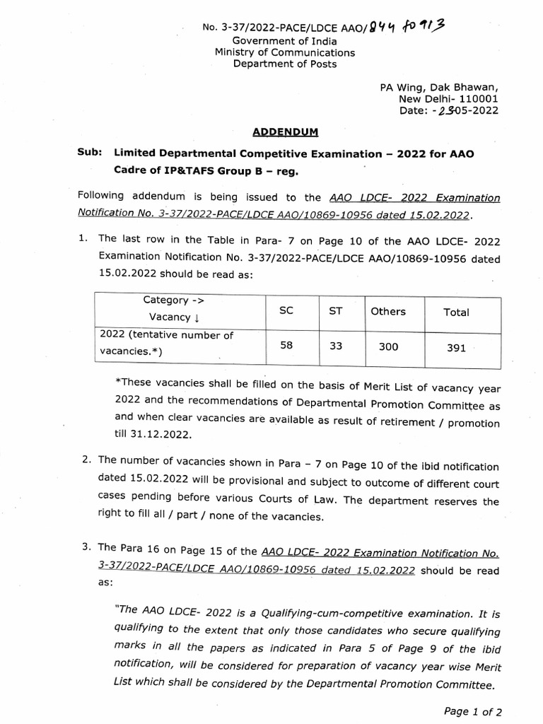 Addendum To Notification Ldce 2022 | PDF | Government Of India | Economy Of India