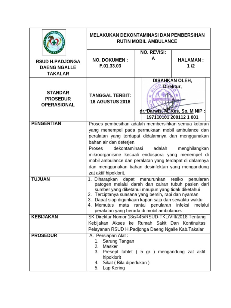 Ep 1. Spo Dekontaminasi Dan Pemebersihan Rutin Mobil Ambulance | PDF | Sains & Matematika