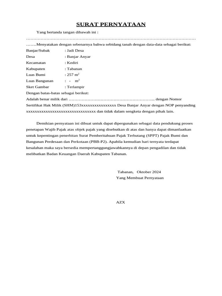 Surat Pernyataan Tanah PBB Tabanan | PDF