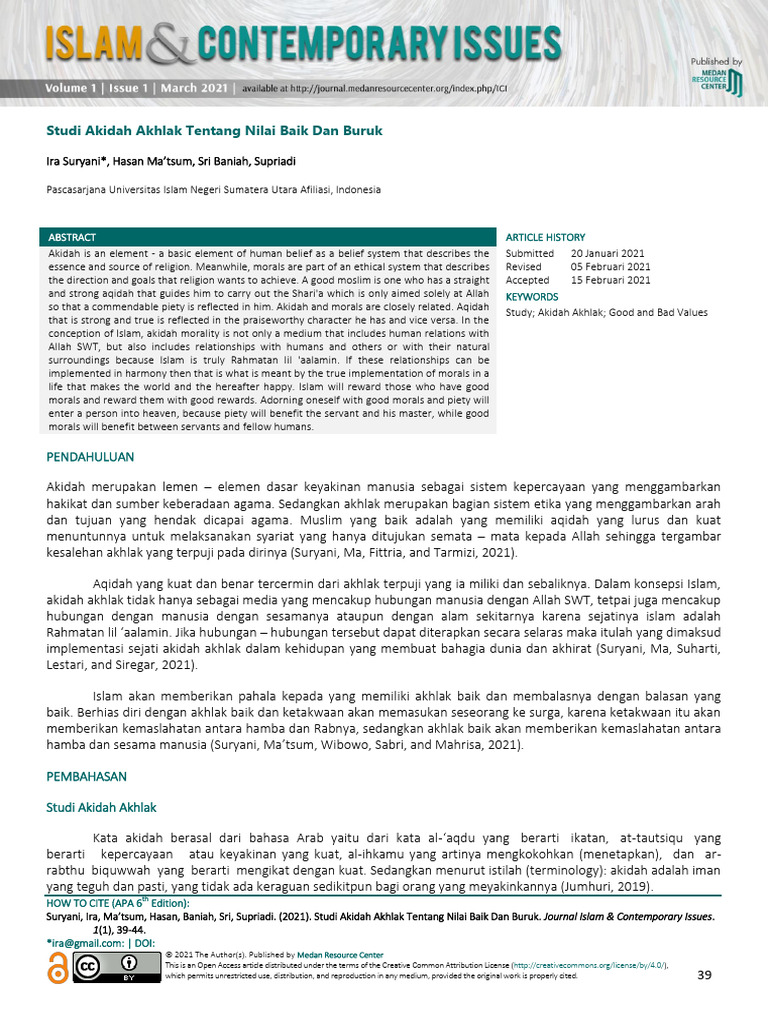 Studi Akidah Akhlak Tentang Nilai Baik Dan Buruk: Ira Suryani, Hasan Ma'tsum, Sri Baniah ...