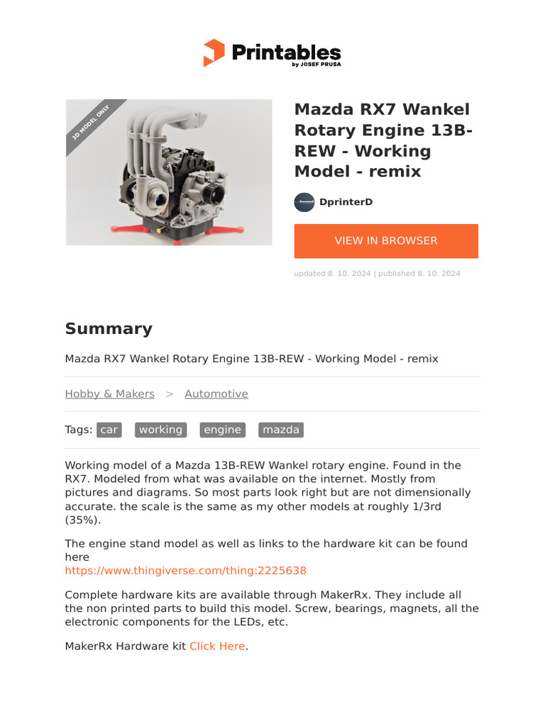 Mazda rx7 Wankel Rotary Engine 13b Rew Working Model Remix | PDF ...