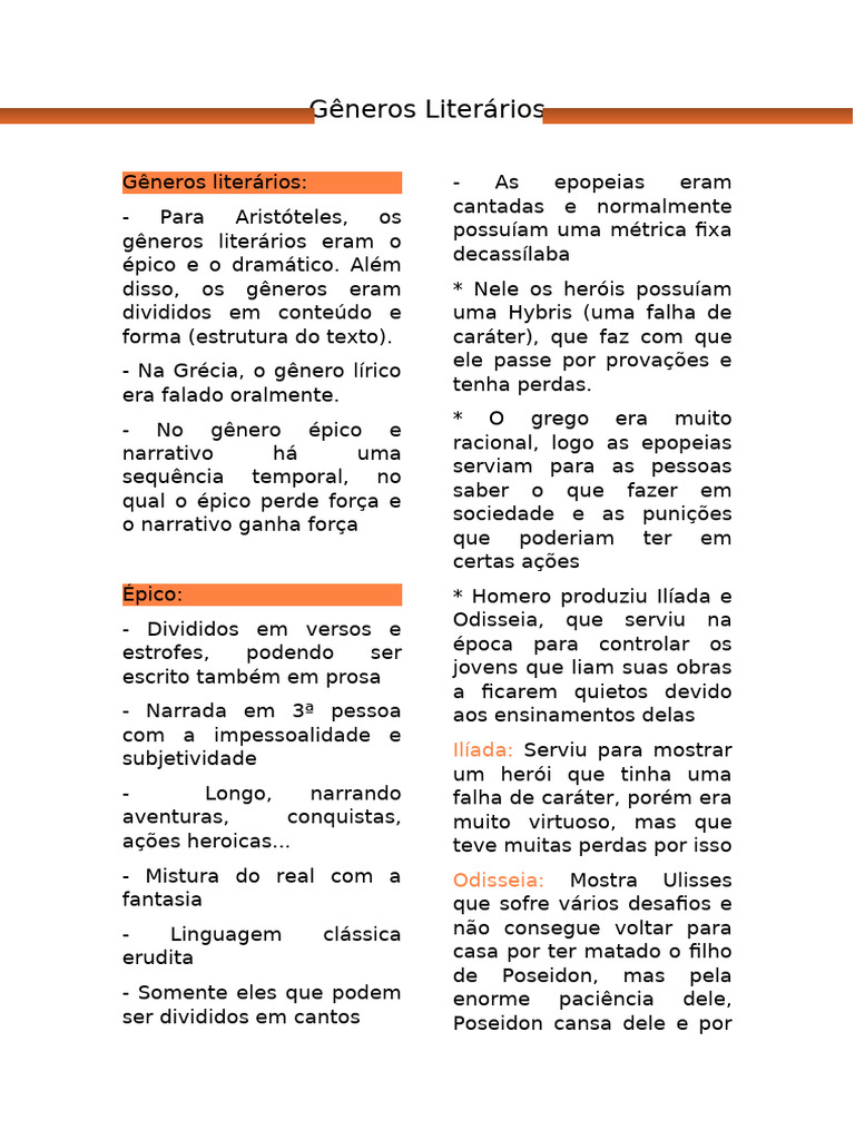 Gêneros Literários | PDF | Poesia épica | Métrica (poesia)