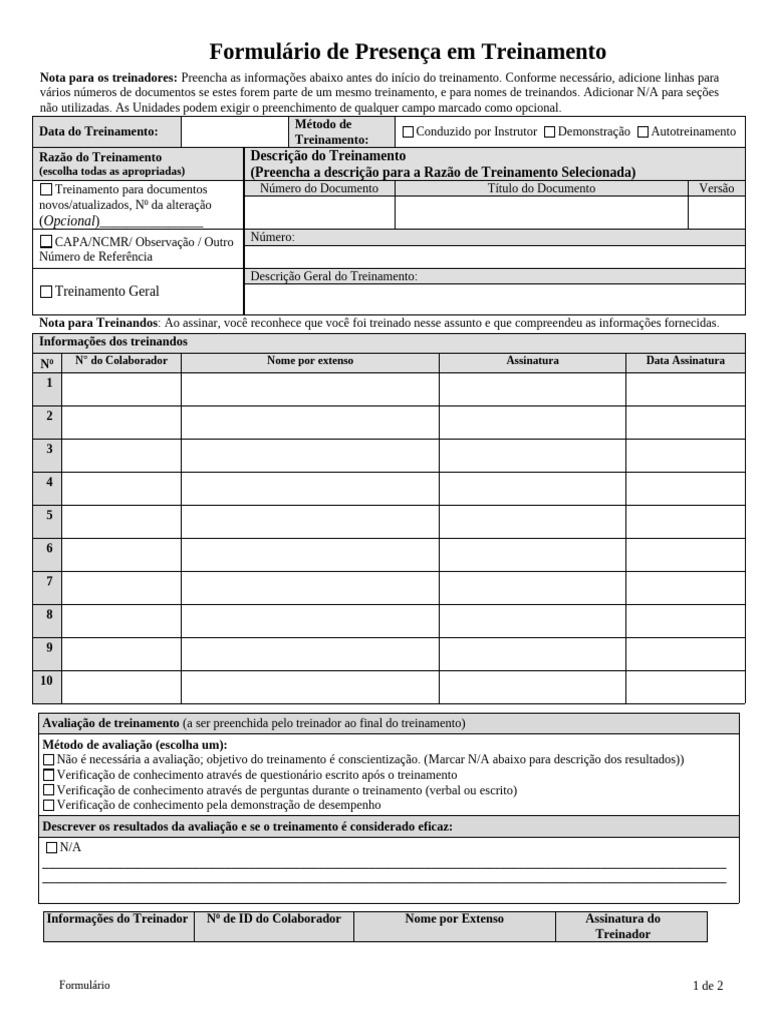 Modelo de Formulário de Treinamento | PDF