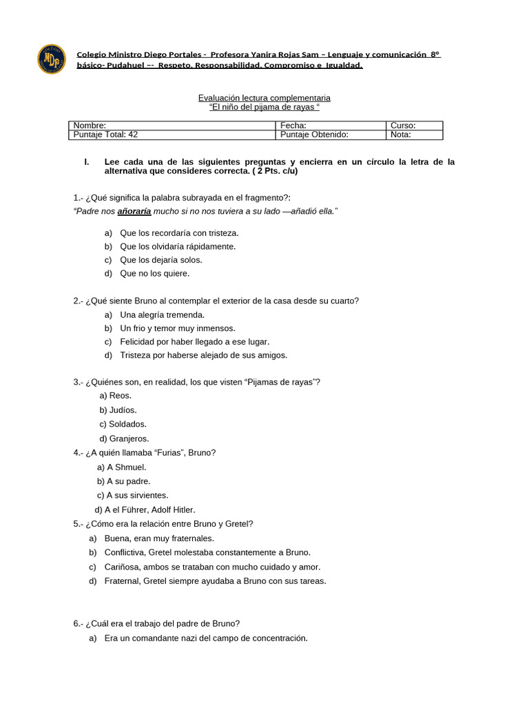 Evaluación de Lectura: "El niño del pijama de rayas" | PDF