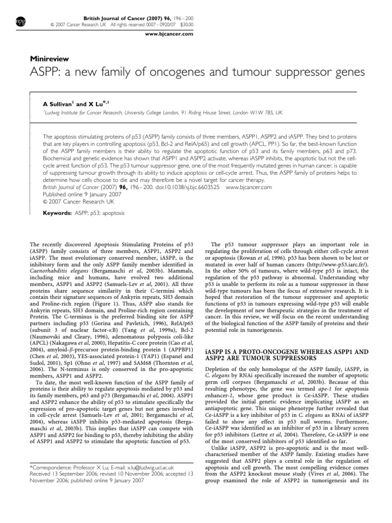 ASPP A New Family of Oncogenes and Tumour Suppressor Genes | PDF | P53 ...