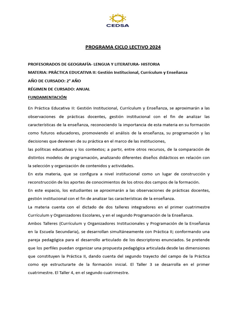 Programa Ciclo Lectivo 2024 Practica Educativa Ii | PDF | Plan de estudios | Enseñando