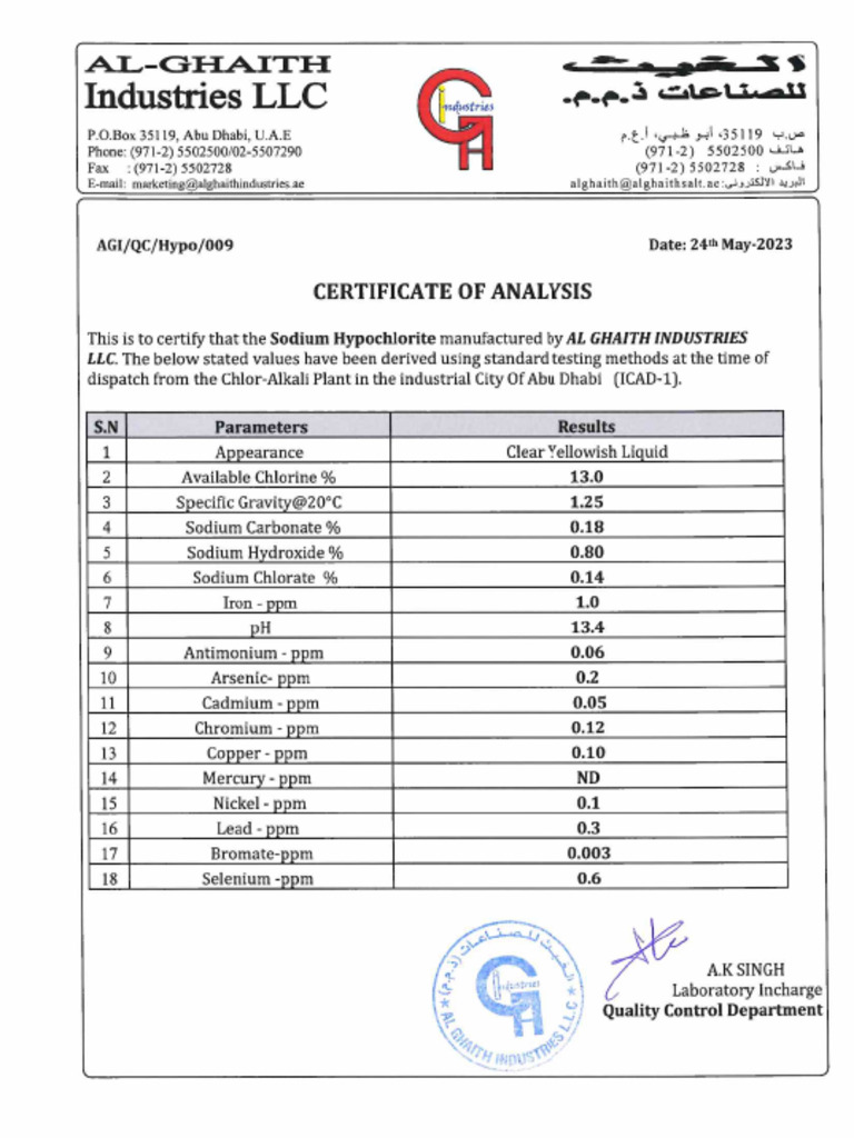 COA_Sodium Hypochlorite | PDF