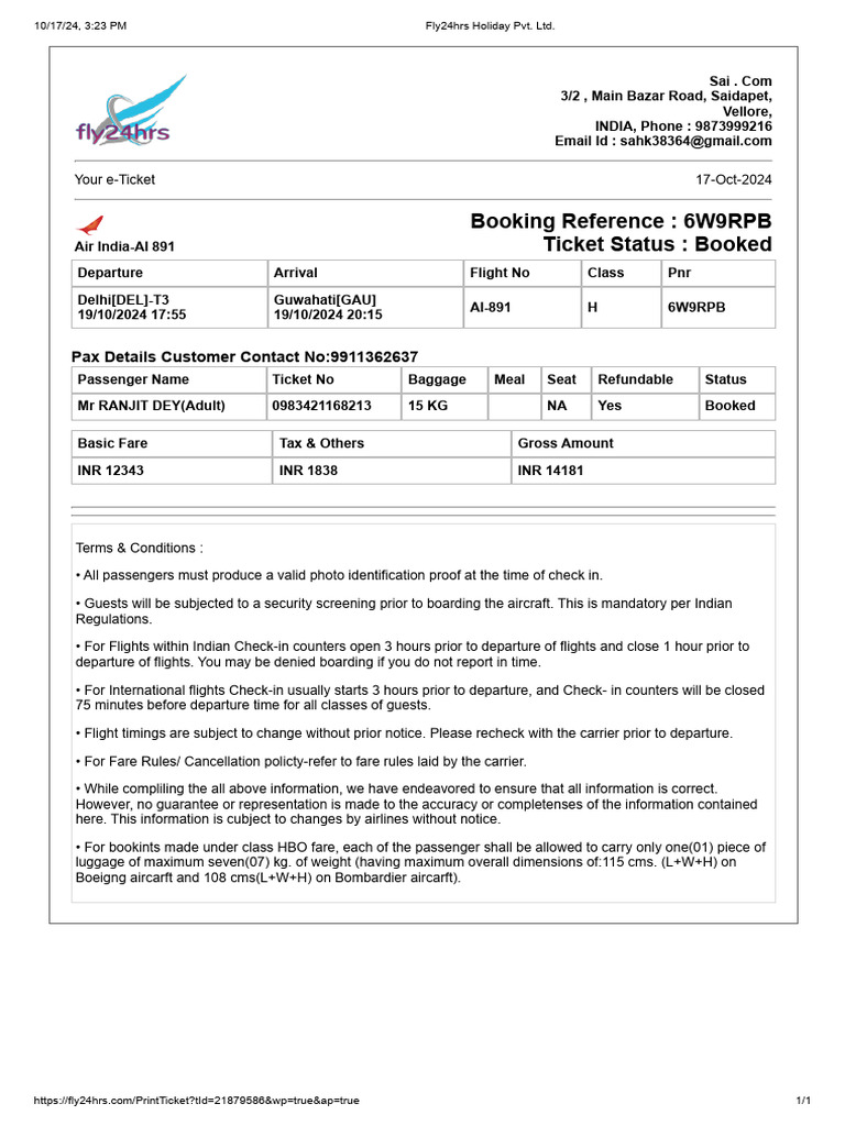 Booking Reference: 6W9RPB Ticket Status: Booked: Pax Details Customer ...