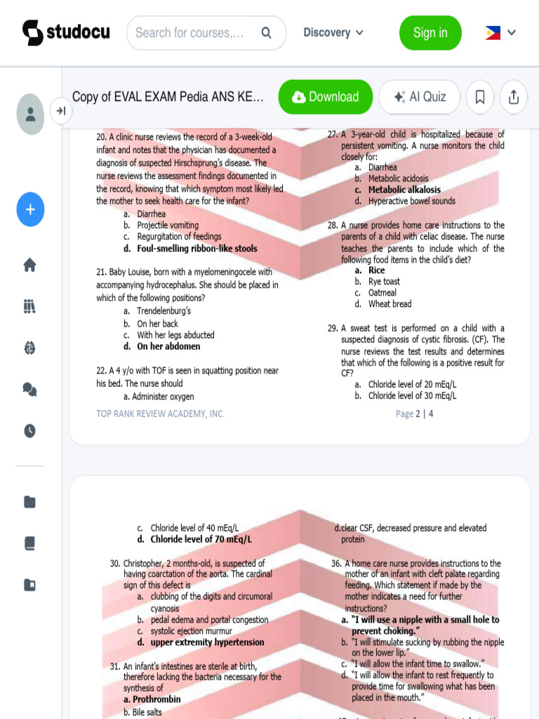 EVAL EXAM Pedia ANS KEY PROF Octubre - PEDIATRIC NURSING EVALUATIVE EXAM ANSWER KEY - Studocu 4 ...