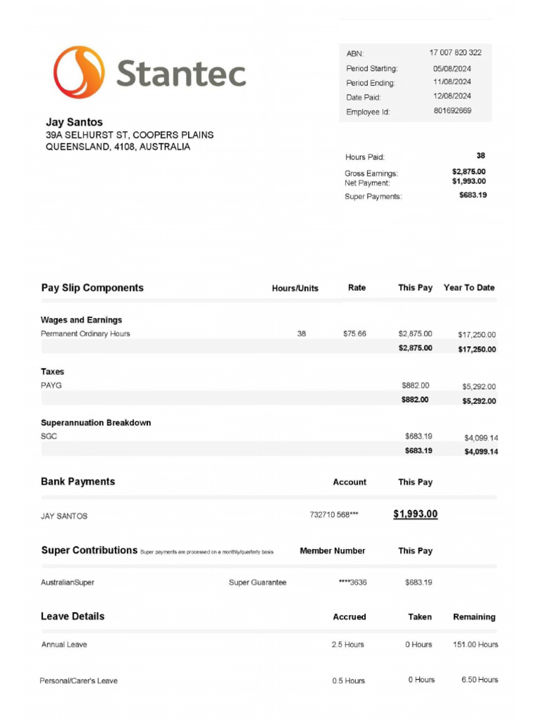 STANTEC Payslip 1 | PDF