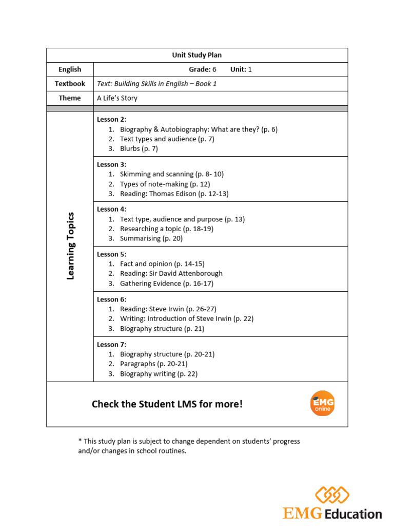 Grade 6 - Unit 1 - Study Plan | PDF