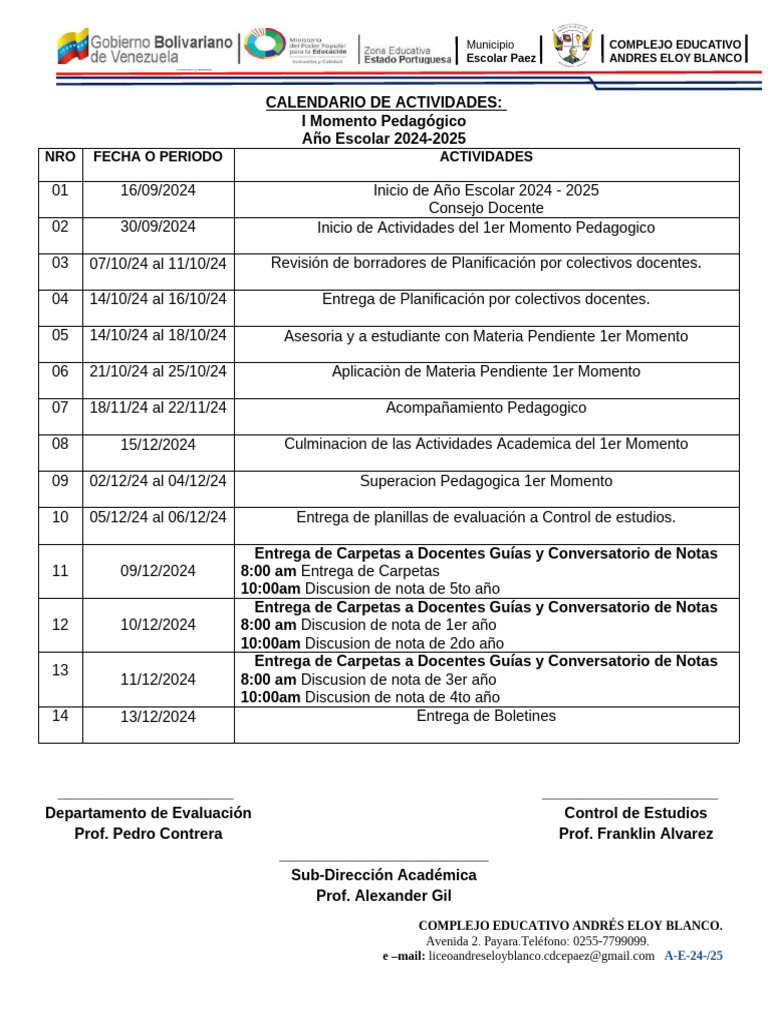 Cronograma de Actividades 1er Lapso 2014-2025 | PDF