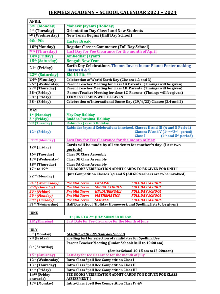 Junior Scool Calendar 2023-24 | PDF