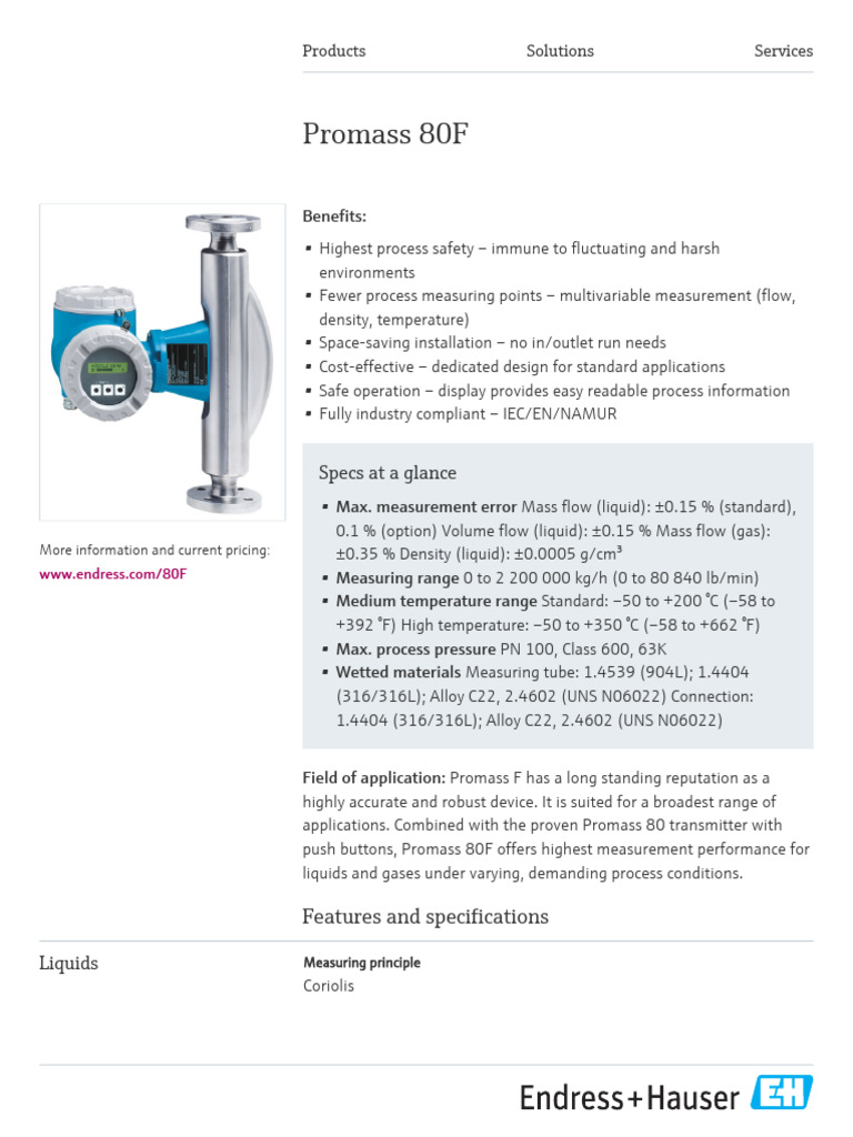 Endress-Hauser Promass 80F EN | PDF | Density | Flow Measurement