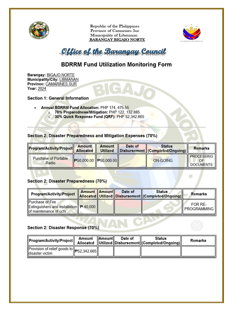 BDRRM Fund Utilization Report 2024 | PDF | Emergency Management | Civil ...