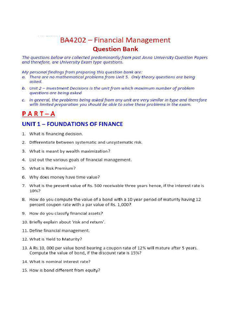 BA4202 Financial Management Question Bank | PDF