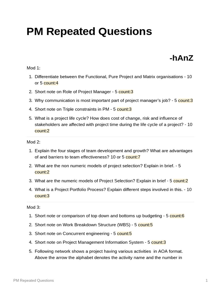 PM Repeated Questions | PDF | Project Management | Applied Mathematics