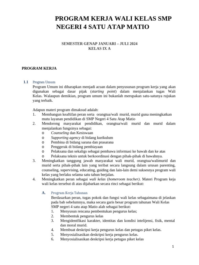 Program Kerja Wali Kelas SMP Negeri 4 Satu Atap Matio 2024 | PDF