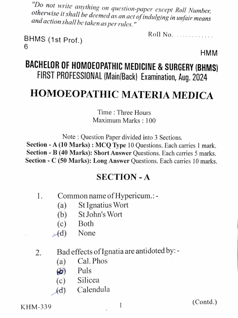 Question Paper Final (Materia Medica, Batch 2022-23) | PDF | Medicine ...