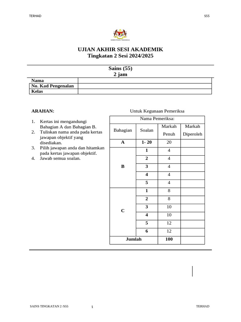 Ujian Akhir Sains Tingkatan 2 | PDF