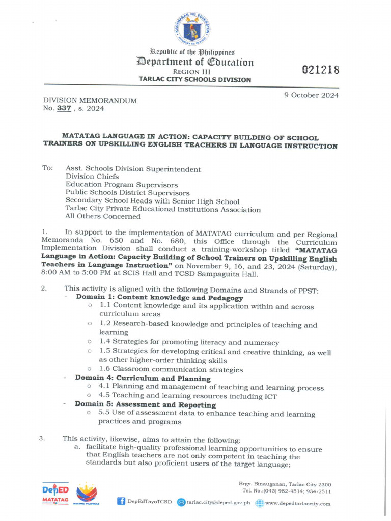 Division Memo No. 337, S. 2024 - MATATAG LANGUAGE IN ACTION (CAP BLDG OF SCH TRAINERS ON ...