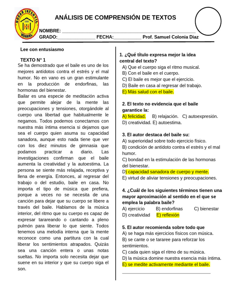 Ejercicios de Comprensión de Lectura para Bachillerato | PDF | Amor | Sangre