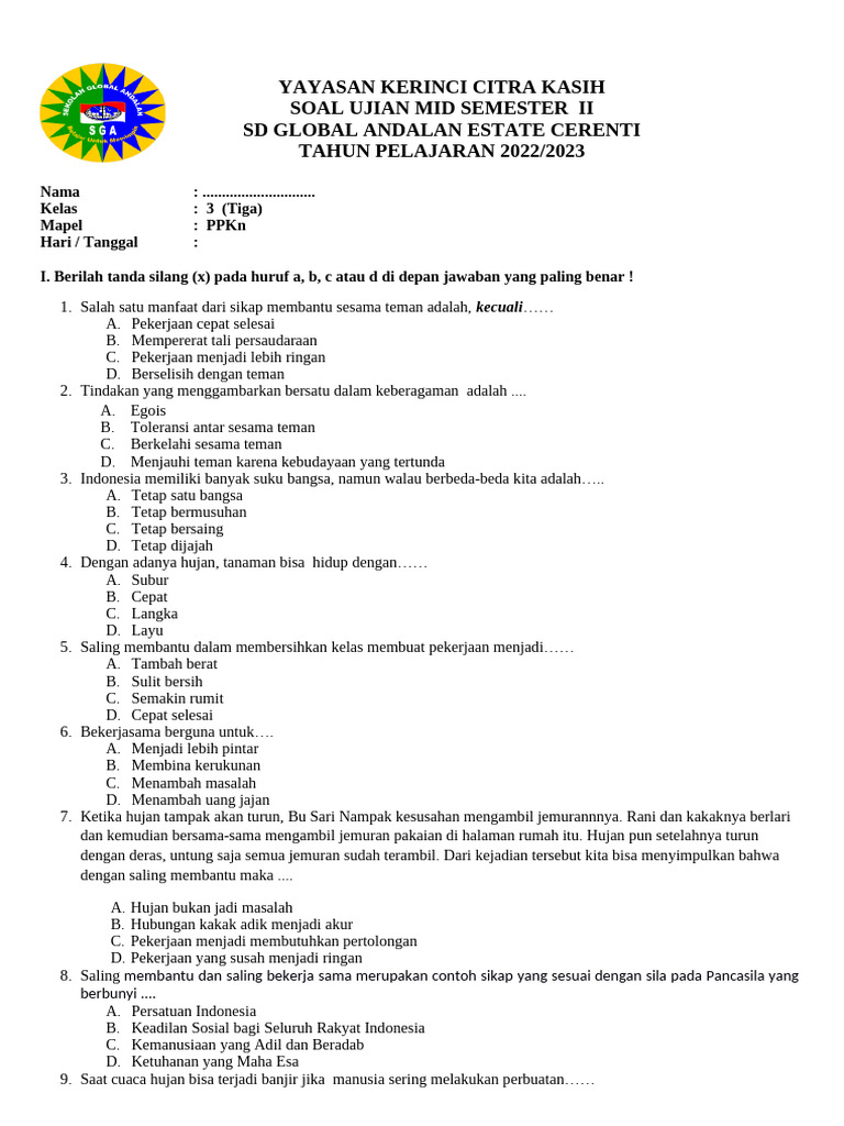 Soal Ujian PPKn Kelas 3 SD 2022/2023 | PDF