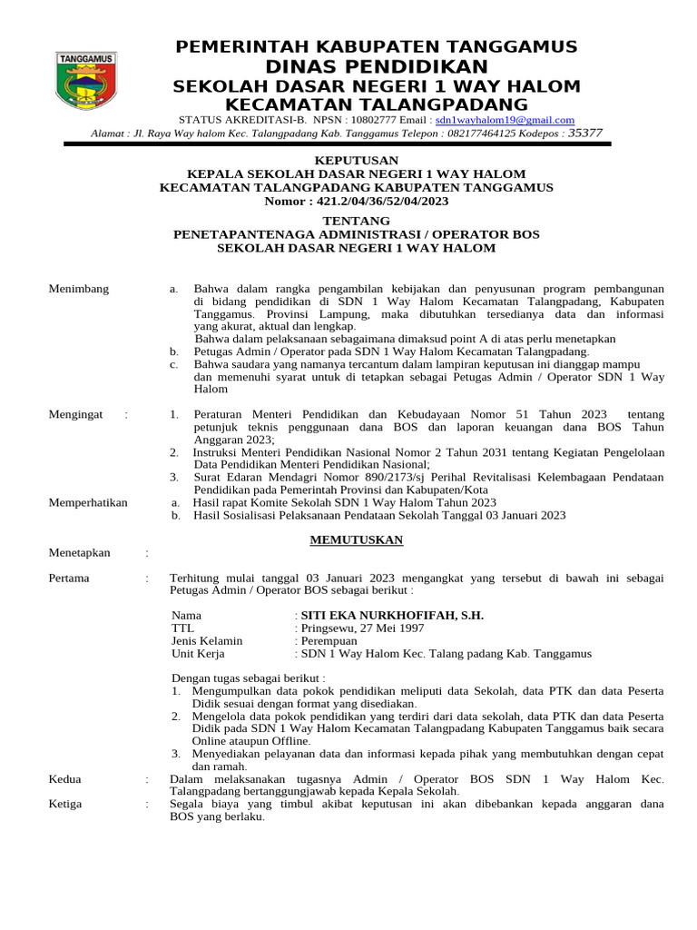 Penetapan Operator BOS SDN 1 Way Halom | PDF