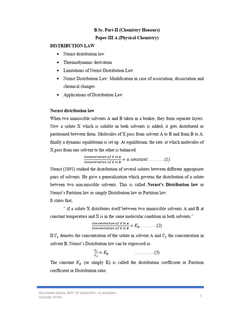 Nernst Distribution Law Explained | PDF | Solubility | Chemical Equilibrium