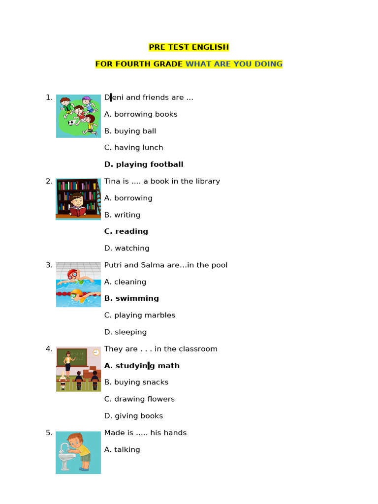 Pre Test English For Grade 4 Students Pdf Language Arts Discipline