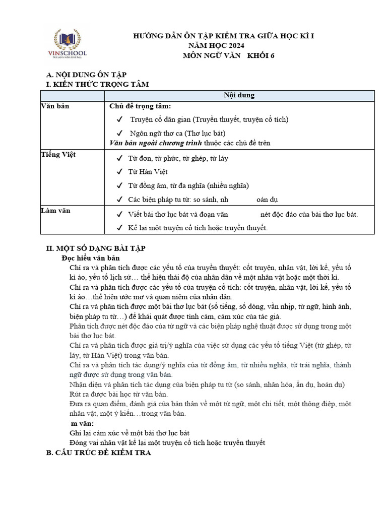 Văn 6 - HDOT GK1 - 2024 2025.final | PDF