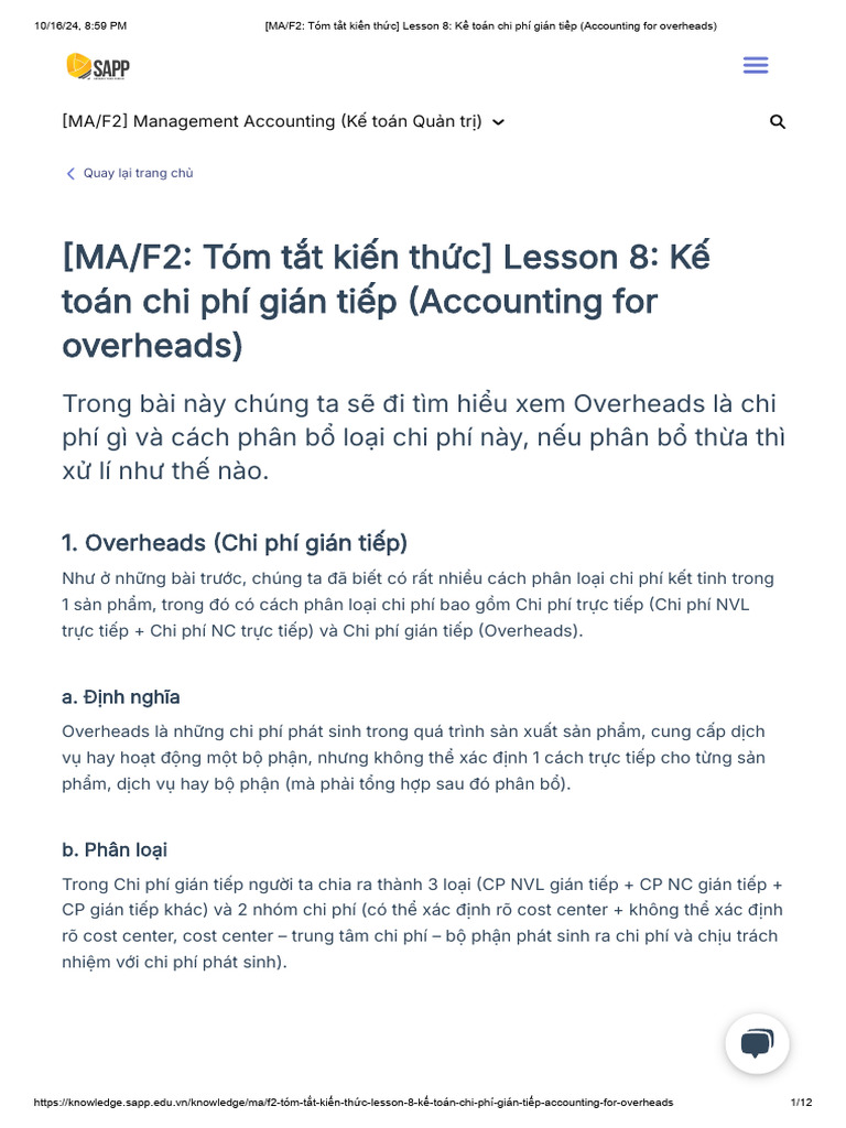 (MA - F2 - Tóm tắt kiến thức) Lesson 8 - Kế toán chi phí gián tiếp (Accounting for overheads) | PDF