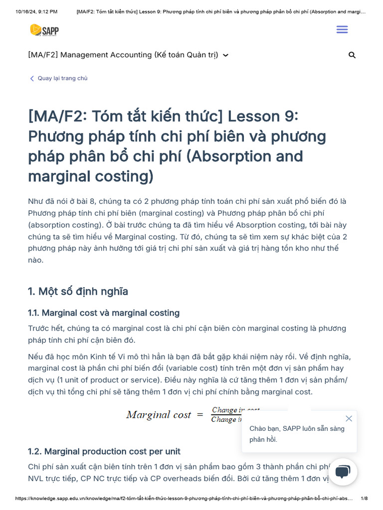(MA - F2 - Tóm tắt kiến thức) Lesson 9 - Phương pháp tính chi phí biên và phương pháp phân bổ ...