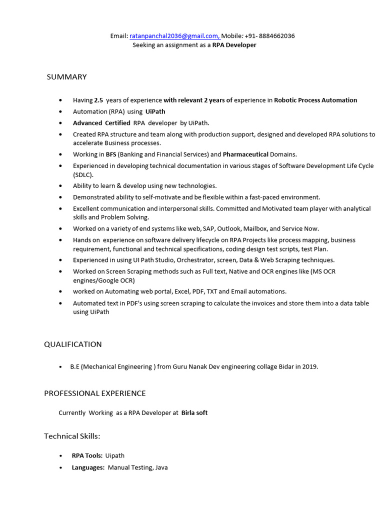 01 - Ratan Kumar - RPA - Uipath - Resume-1 | PDF | Automation | Optical ...